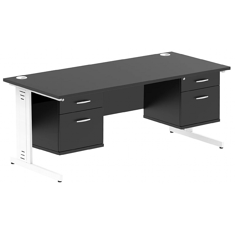 Onyx Black Rectangular Cable Managed Office Desk With Double Fixed ...