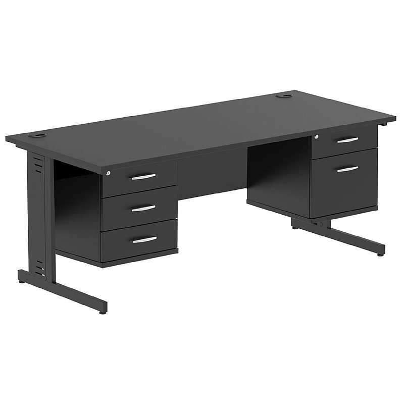 Onyx Black Rectangular Cable Managed Office Desk With Double Fixed ...