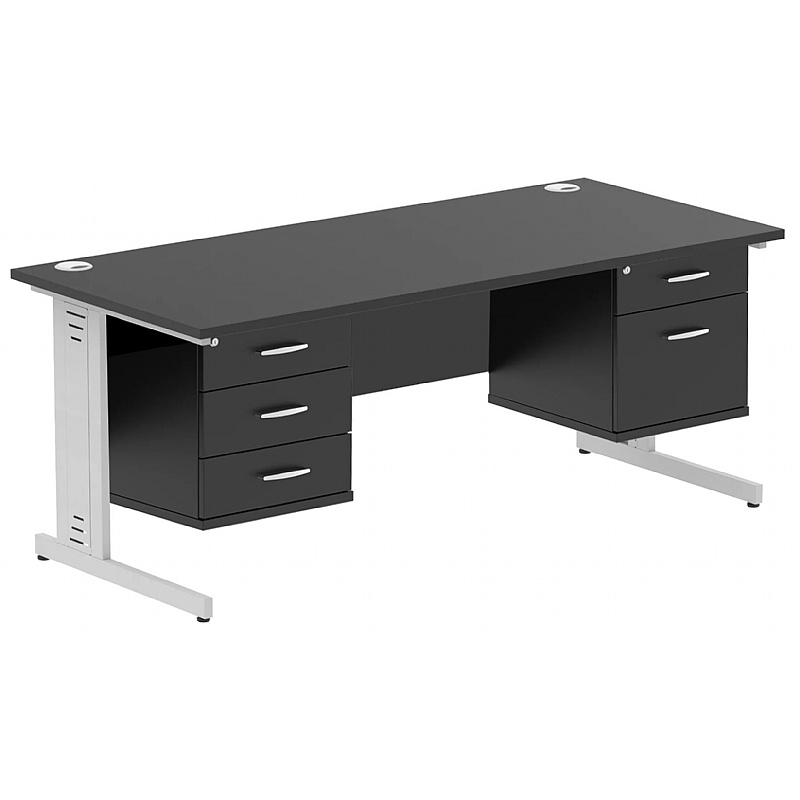 Onyx Black Rectangular Cable Managed Office Desk With Double Fixed ...