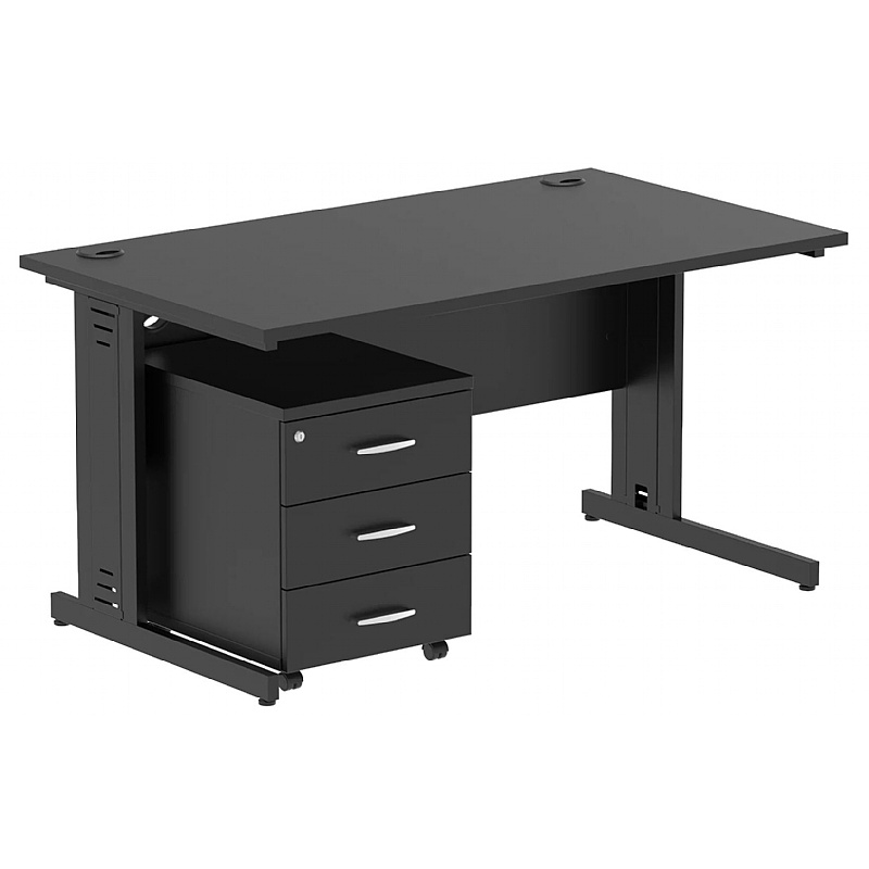 Onyx Black Rectangular Cable Managed Office Desk With Mobile Pedestal ...