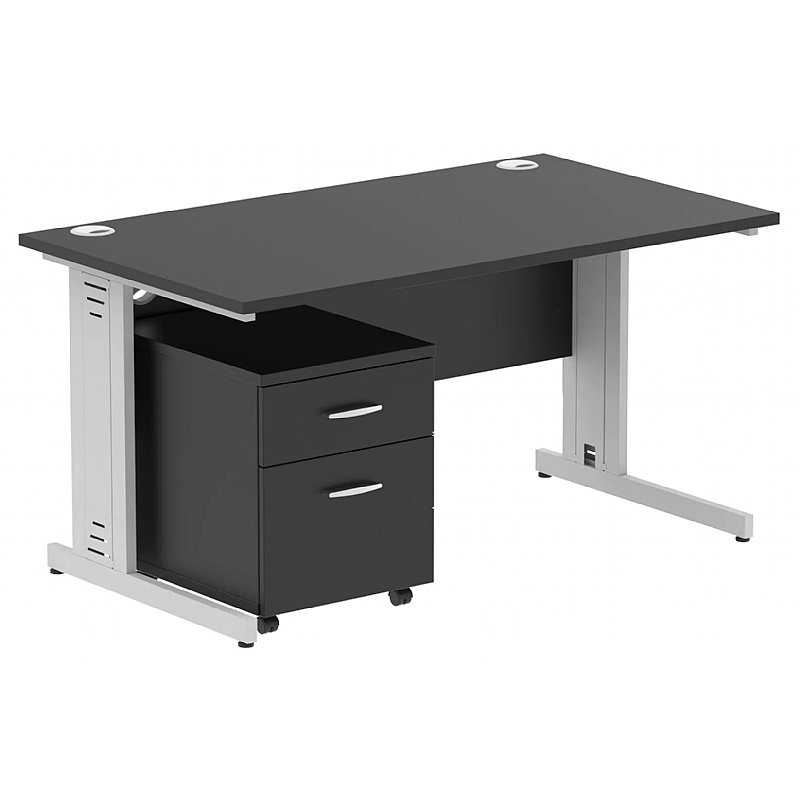 Onyx Black Rectangular Cable Managed Office Desk With Mobile Pedestal ...